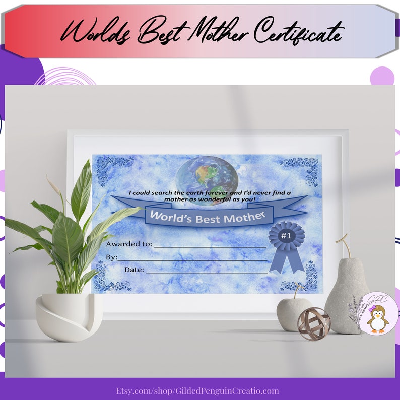 World's Best Mother Certificate Printable, Mother's Day Gift, Gift for ...