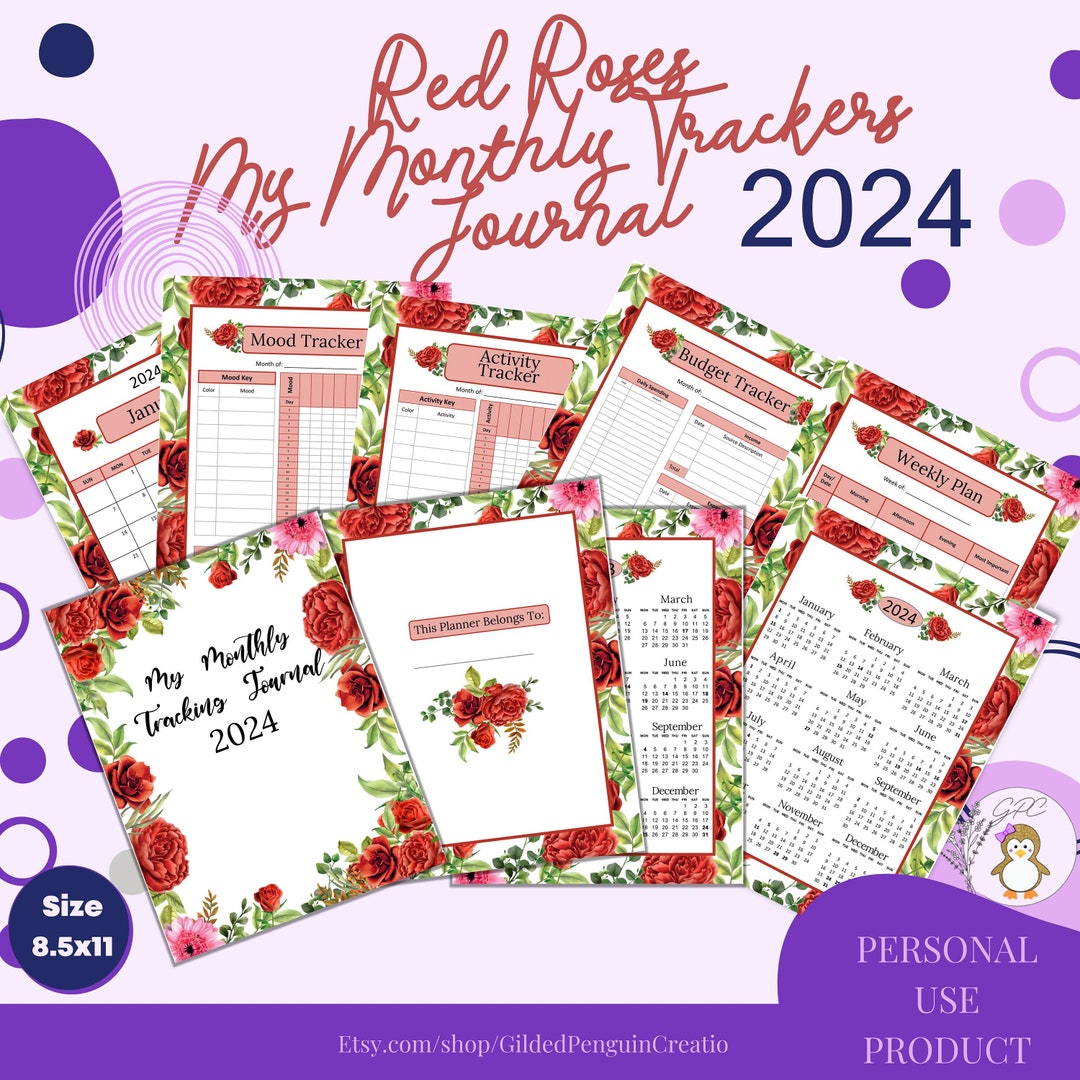 2024 Red Roses My Monthly Tracking Journal Sunday Start Mood Activity ...