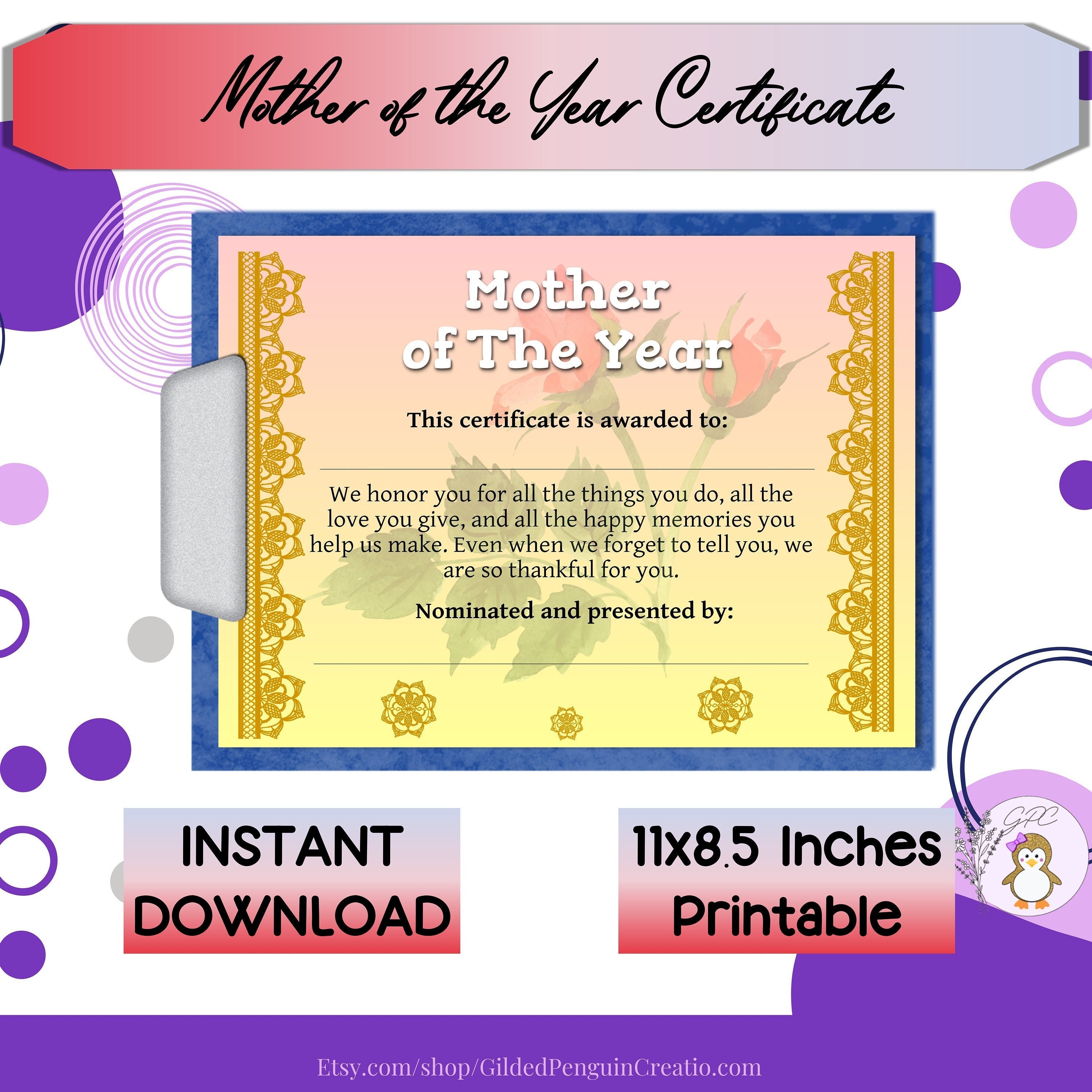 Mother of the Year Certificate Printable, Mother's Day Gift, Gift for ...