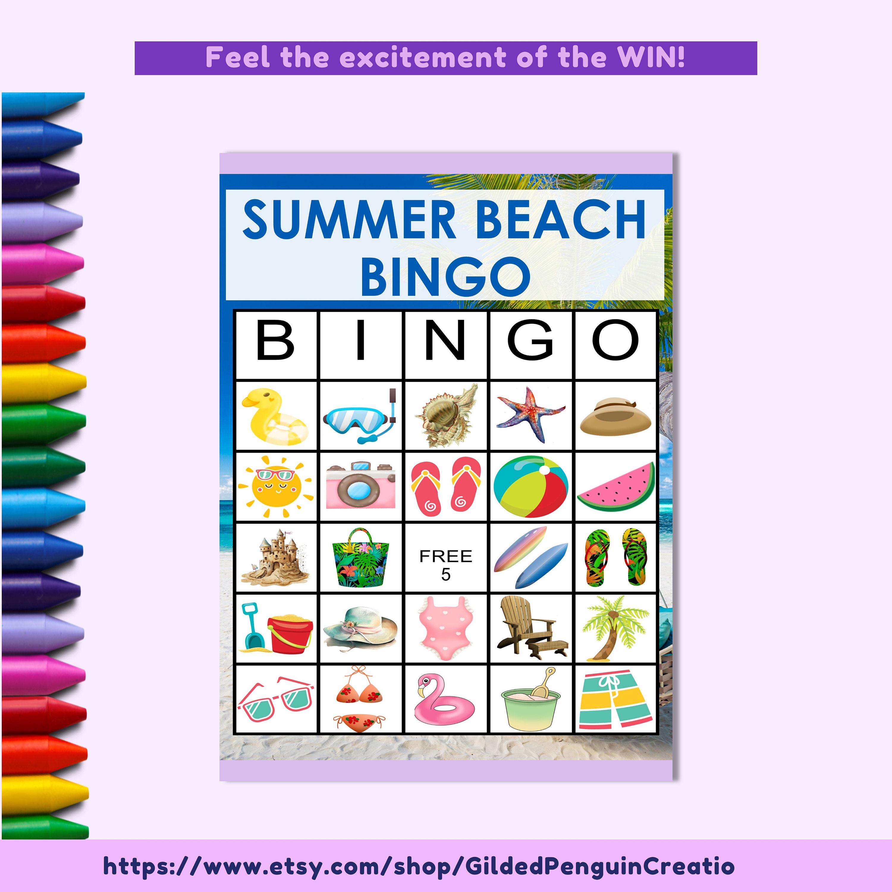 Summer Beach Bingo Printable 30 Unique 5X5 Bingo Cards, Calling Card ...
