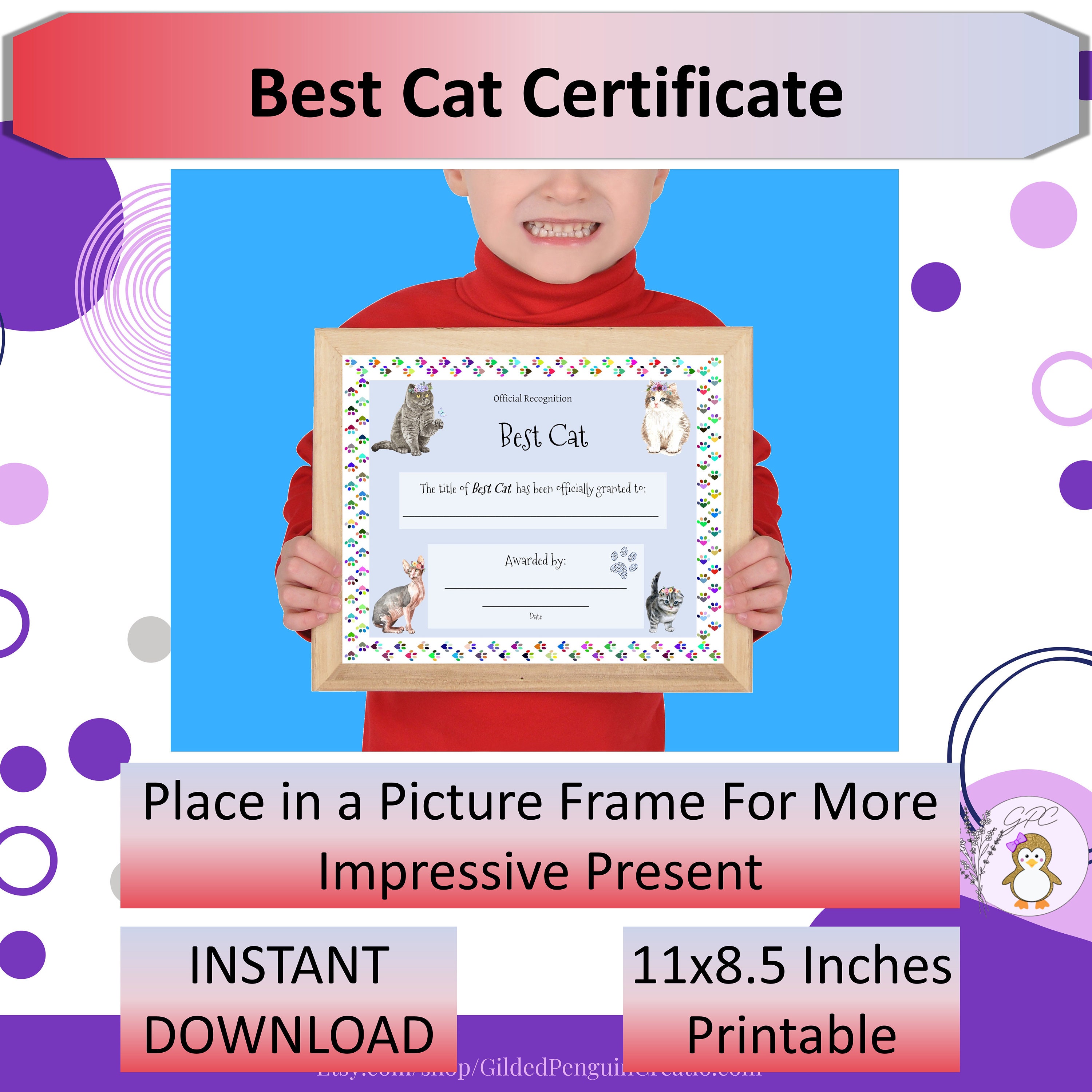 Best Cat Certificate 3 Printable, Cat Award, Great Gift for Cat Lover ...