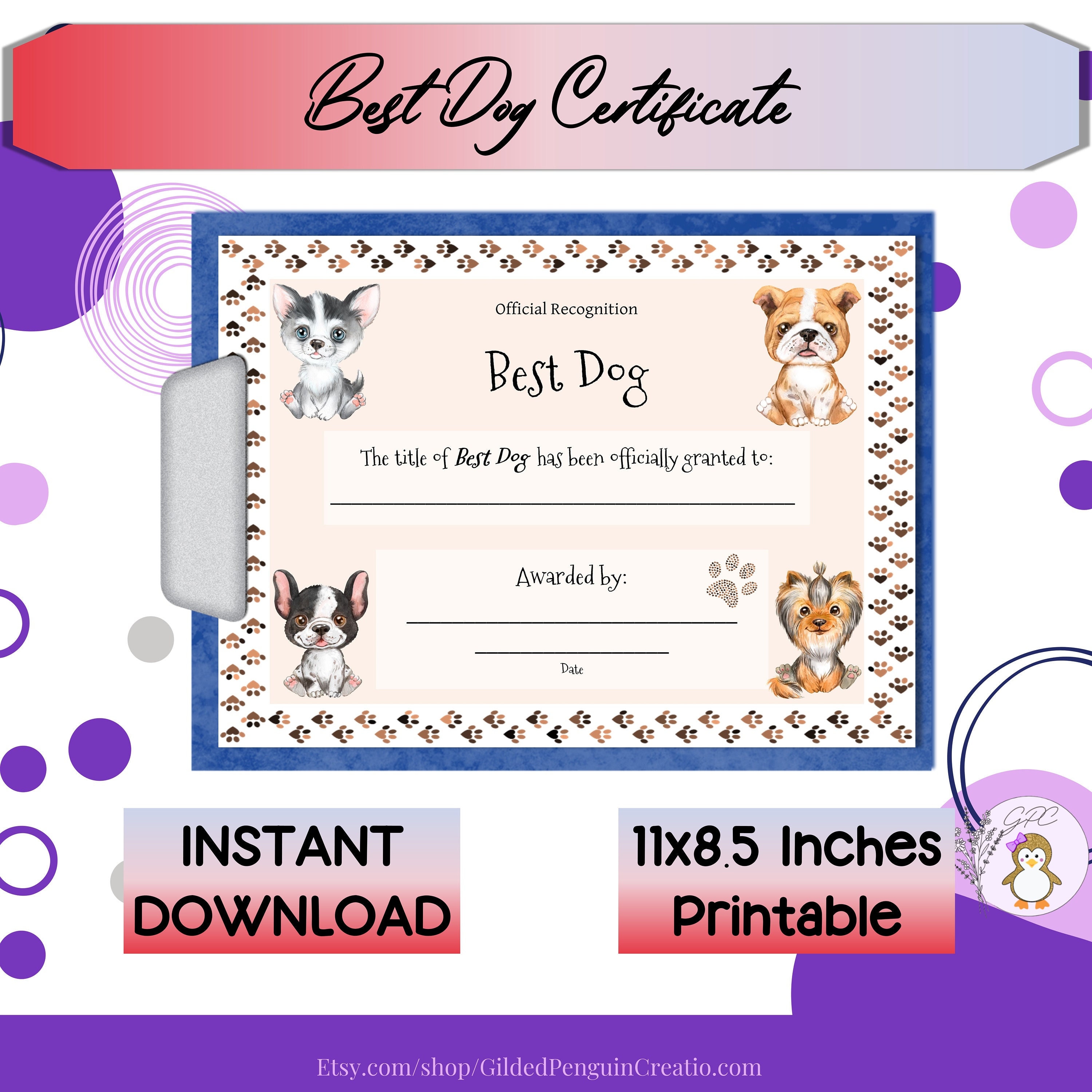 Best Dog Certificate 1 Printable, Dog Award, Great Gift for Dog Lover ...