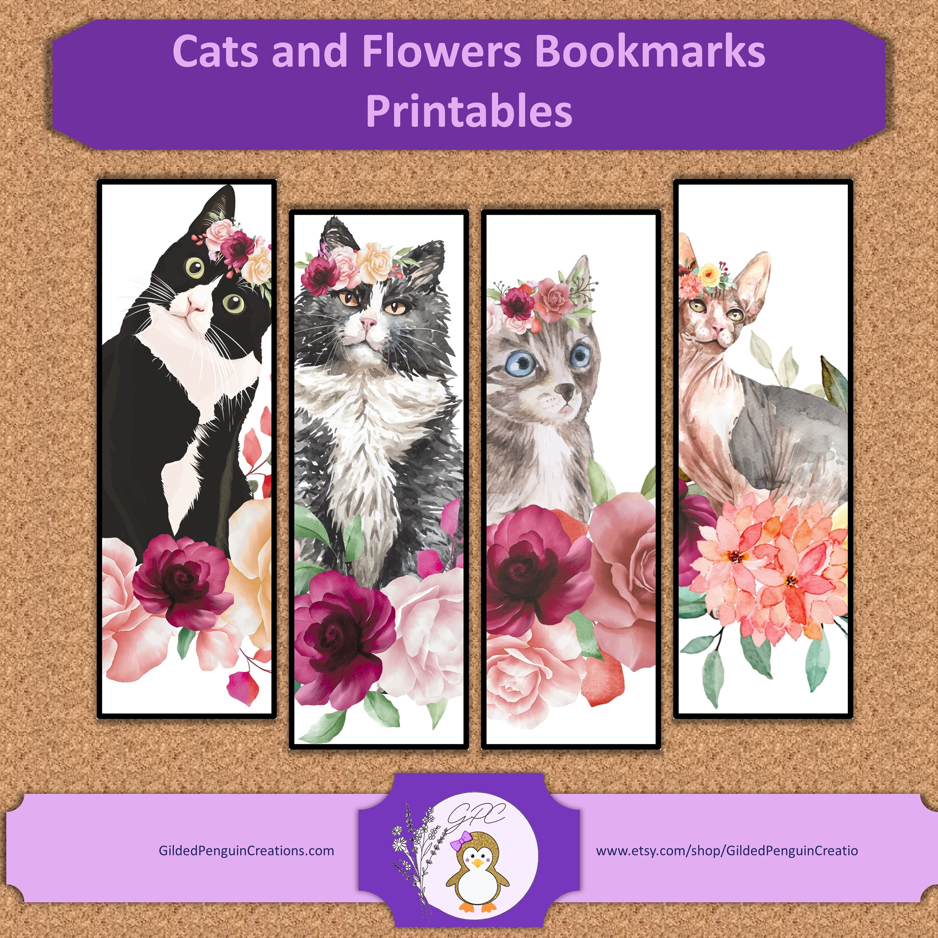 Cats and Flowers Bookmark Printables, Set of 8, 6x2 Petite Paperback ...