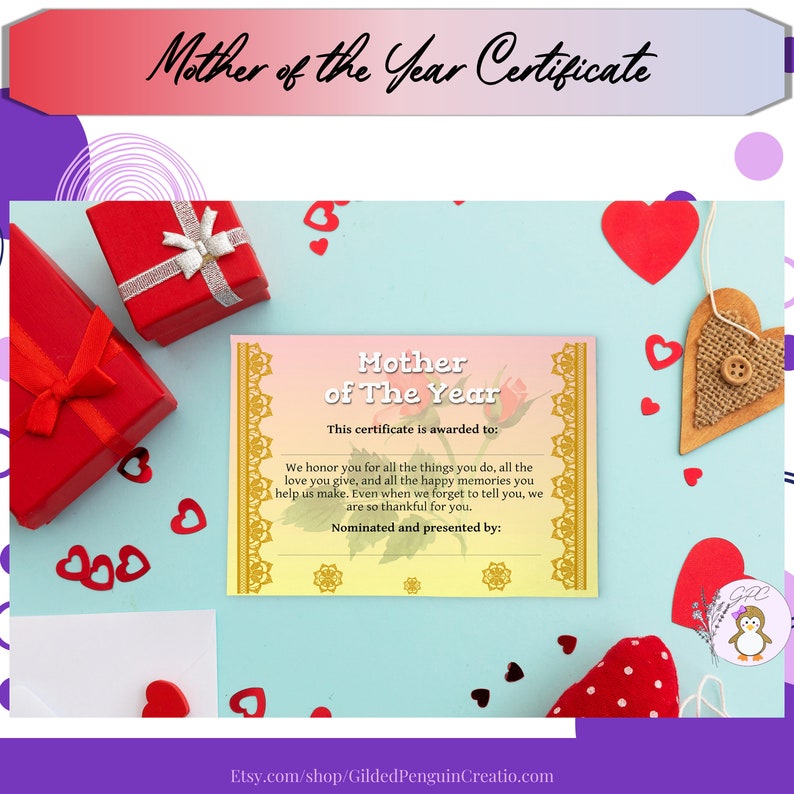 Mother of the Year Certificate Printable, Mother's Day Gift, Gift for ...