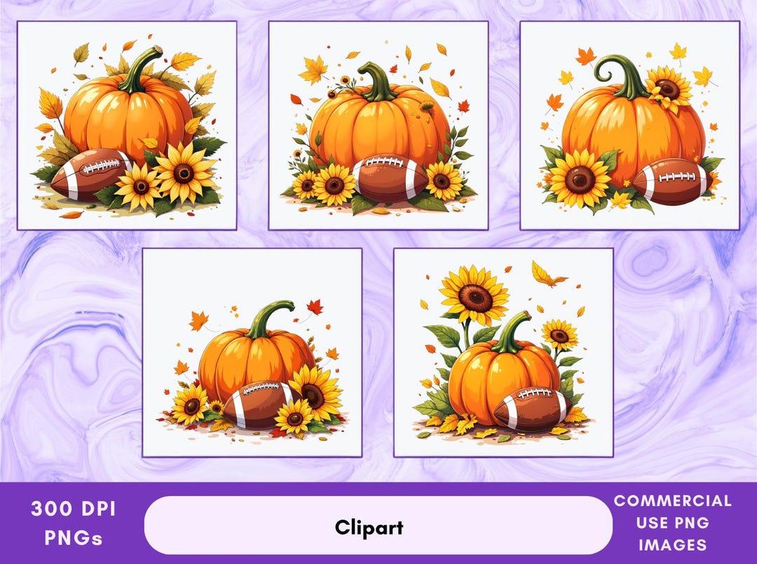Fall Pumpkin Football Clipart Bundle, Autumn Sunflowers PNG ...