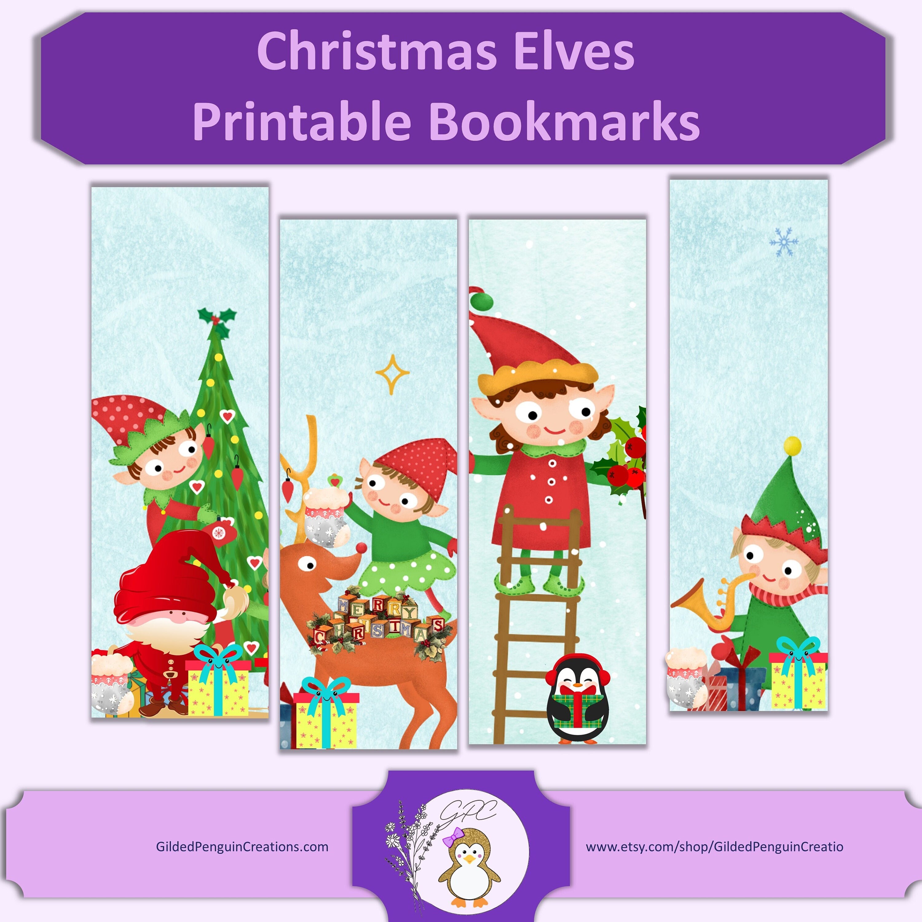 Christmas Elves Printable Bookmarks Set of 4 2x6 Santa With Gifts ...