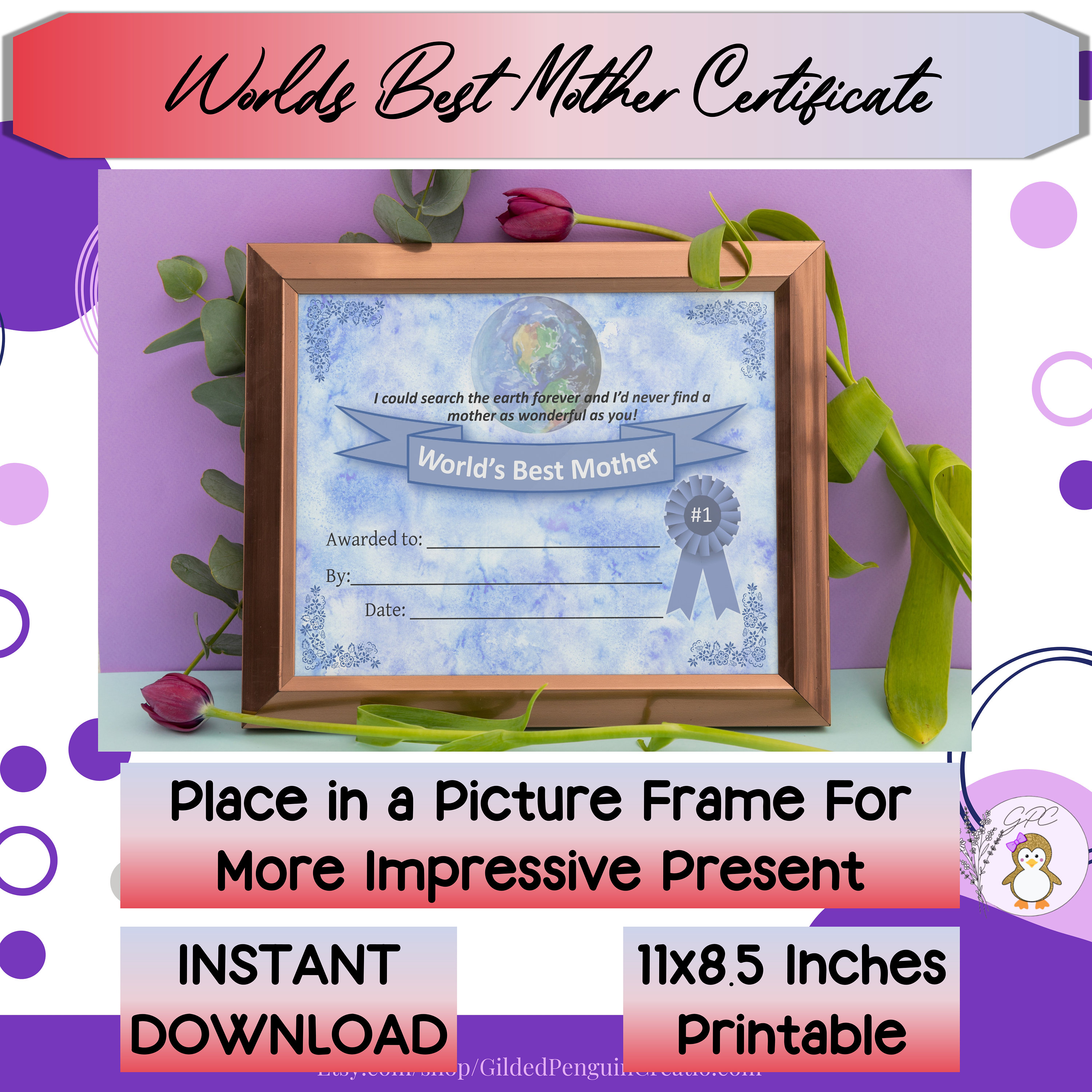 World's Best Mother Certificate Printable, Mother's Day Gift, Gift for ...