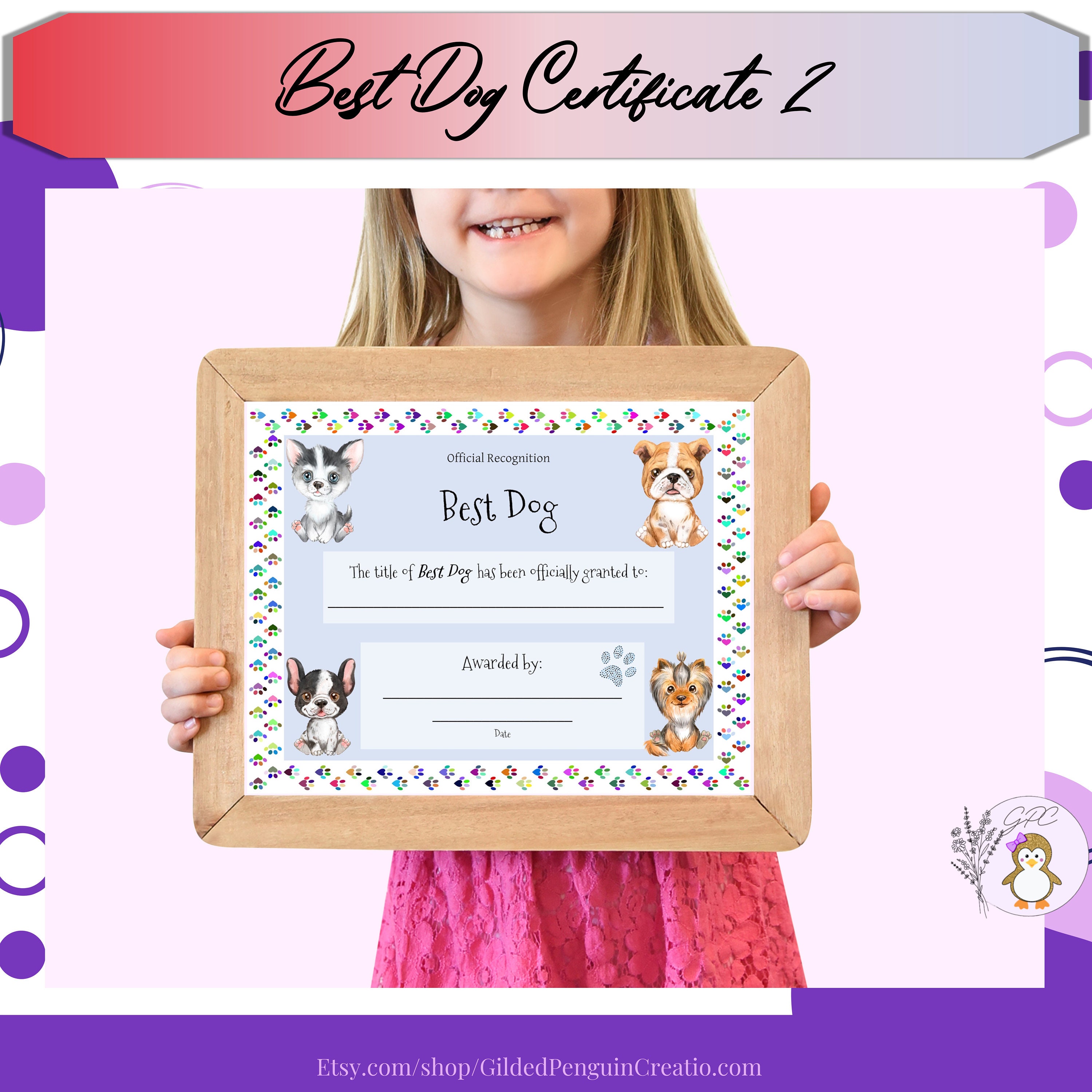 Best Dog Certificate 2 Printable, Dog Award, Great Gift for Dog Lover ...