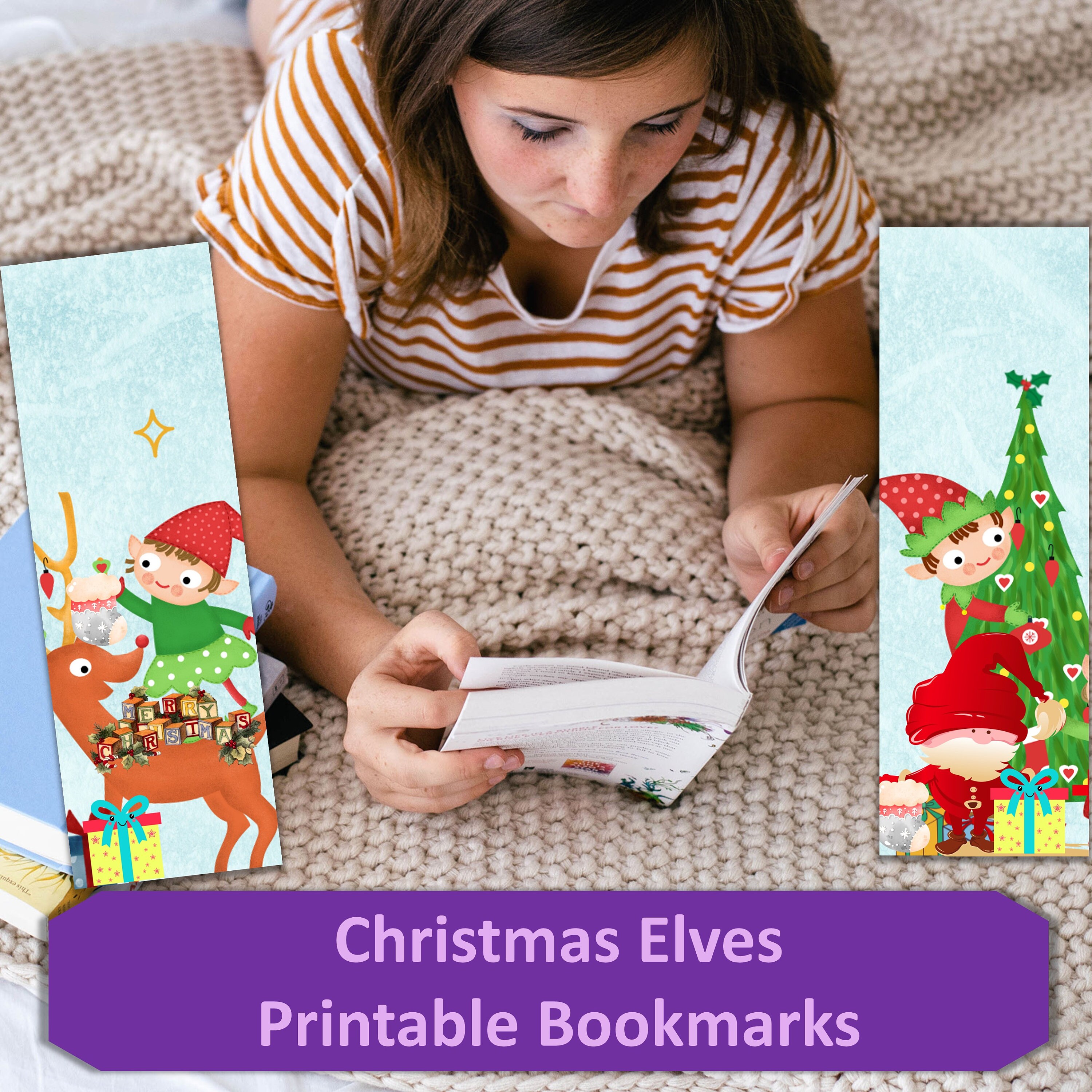 Christmas Elves Printable Bookmarks Set of 4 2x6 Santa With Gifts ...