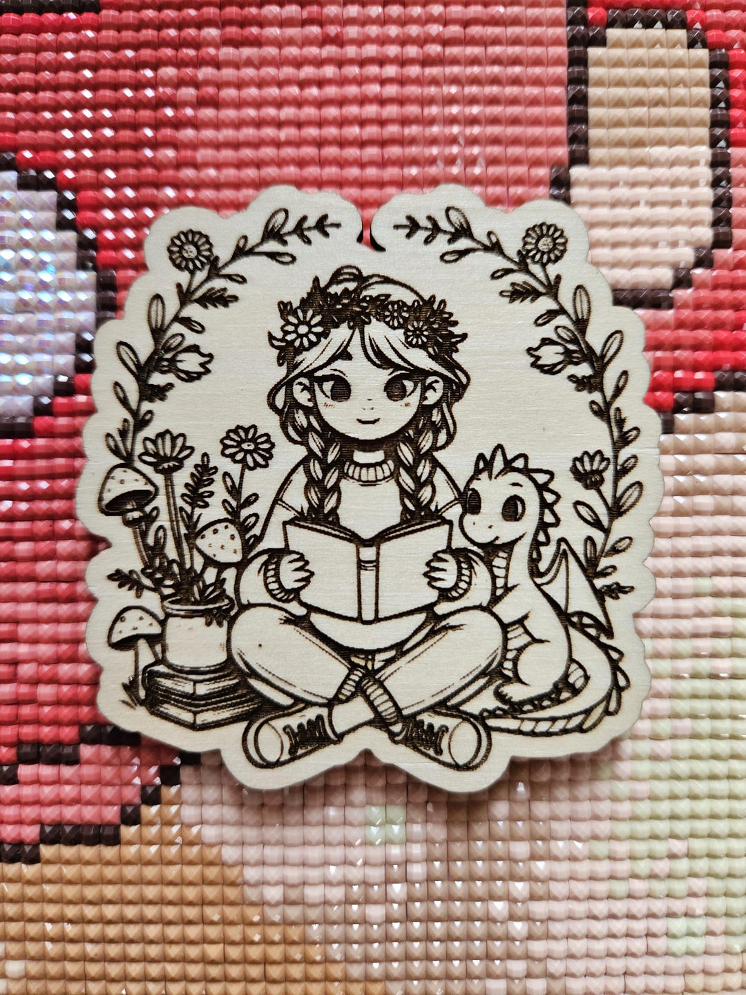 Girl Reading With Dragon Wooden Needle Minder for Cross Stitch Cover ...