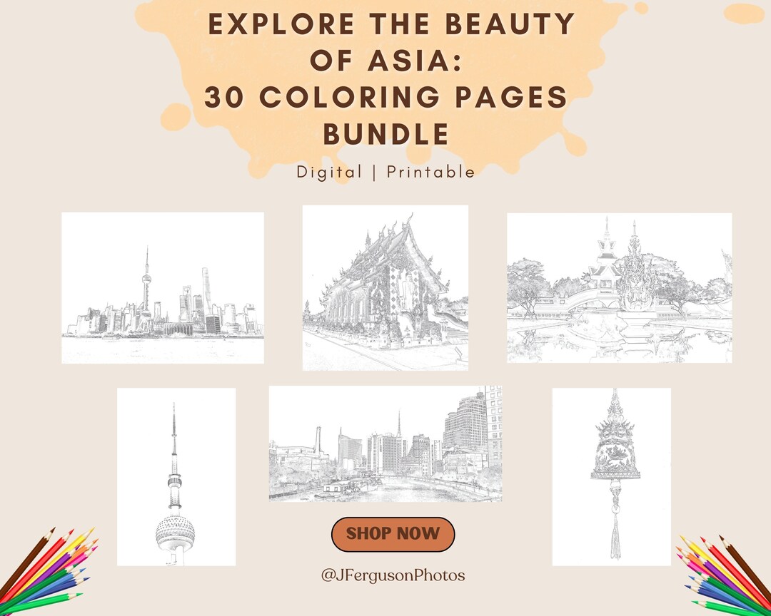 Explore the Beauty of Asia Coloring Pages Bundle: 30 Unique Digital ...