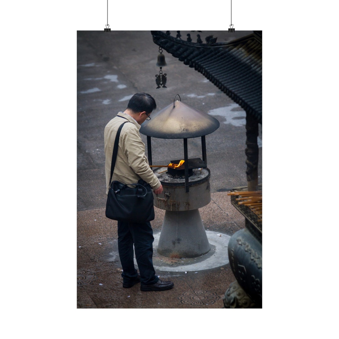 Adult Man Holding Burning Incense Stick, Chinese Tradition Wall Art ...