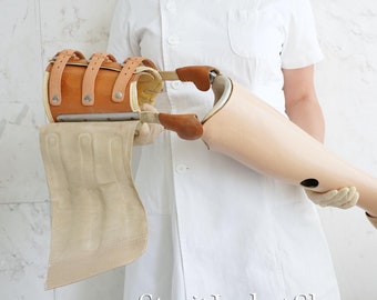 Leg Prosthesis Orthopedic Knee Amputee Prosthetic KAFO Leather Wood and Steel Vintage Leg Brace ...