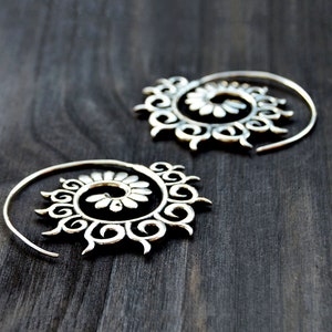 Silver Ethnic Hoop Earrings, Gypsy Indian Earrings, Ornate Creole Hoops ...