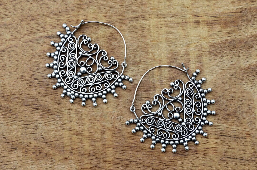 Gypsy Earrings, Tribal Earrings, Silver Large Filigree Earrings, Boho ...
