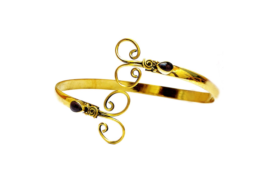 Spiral Arm Band, Gold Brass Arm Cuff, Upper Armlet With Garnet Stones ...