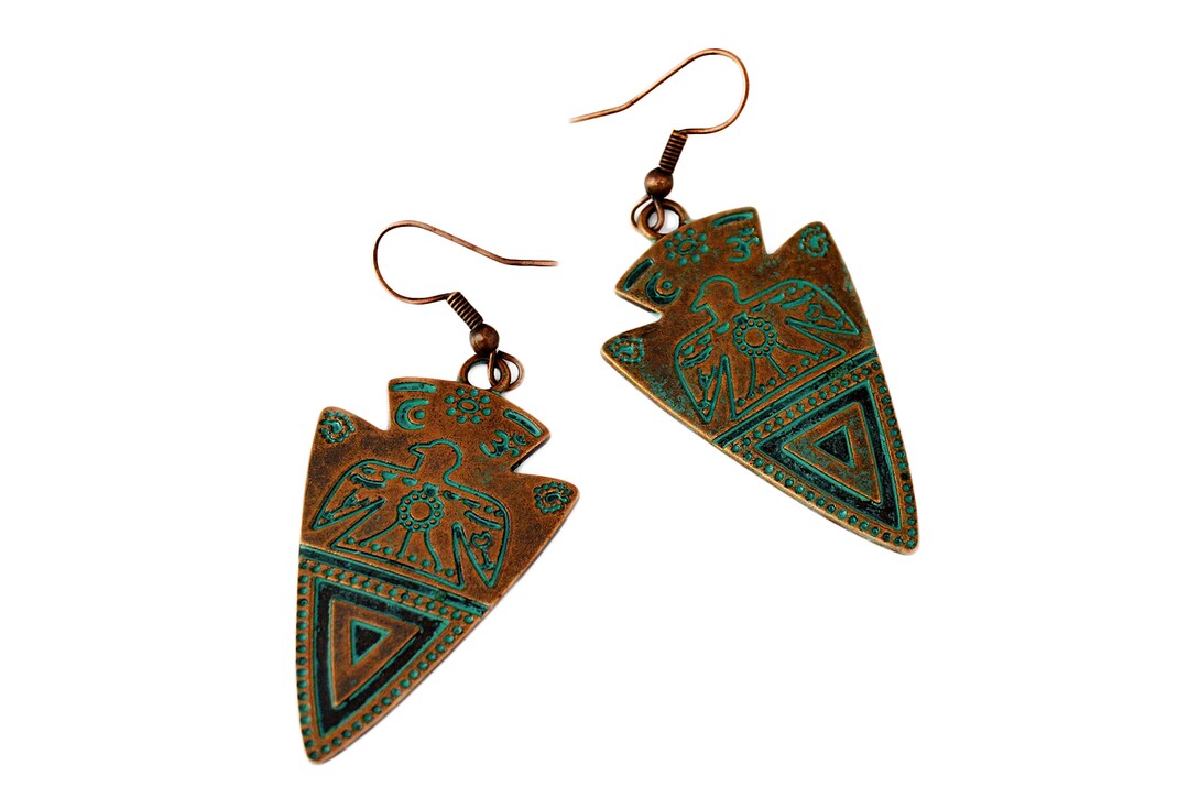 Aztec Tribal Bird Earrings, Green Blue Patina Earrings, Bohemian Ethnic ...