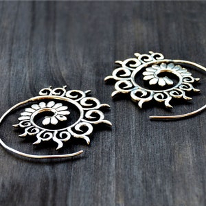 Silver Ethnic Hoop Earrings, Gypsy Indian Earrings, Ornate Creole Hoops ...