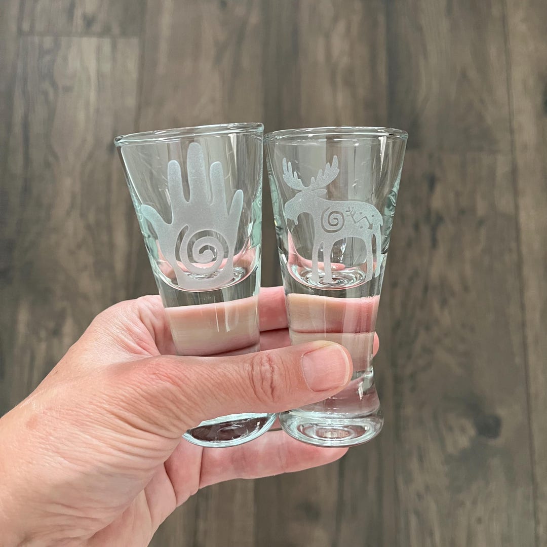 Vintage Native American Etched Shot Glasses: Moose & Spiral - Set of 2 ...