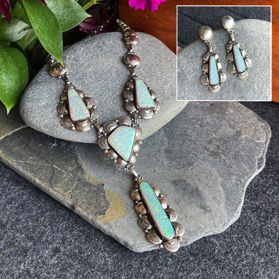 VINTAGE Navajo Sterling Silver Opal Necklace & Earring Set by Clem ...