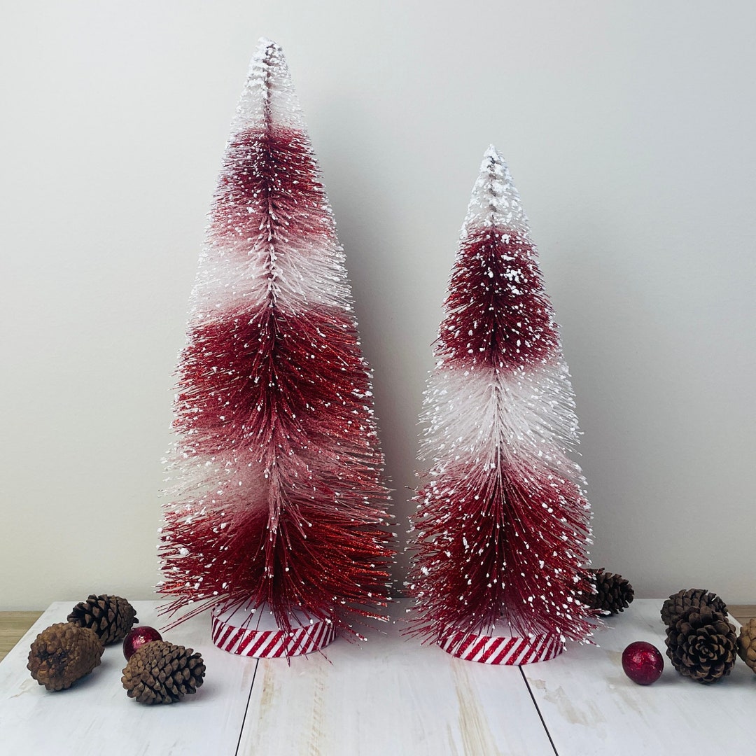 Candy Cane Bottle Brush Tree, Flocked, Miniature Christmas Tree, With ...