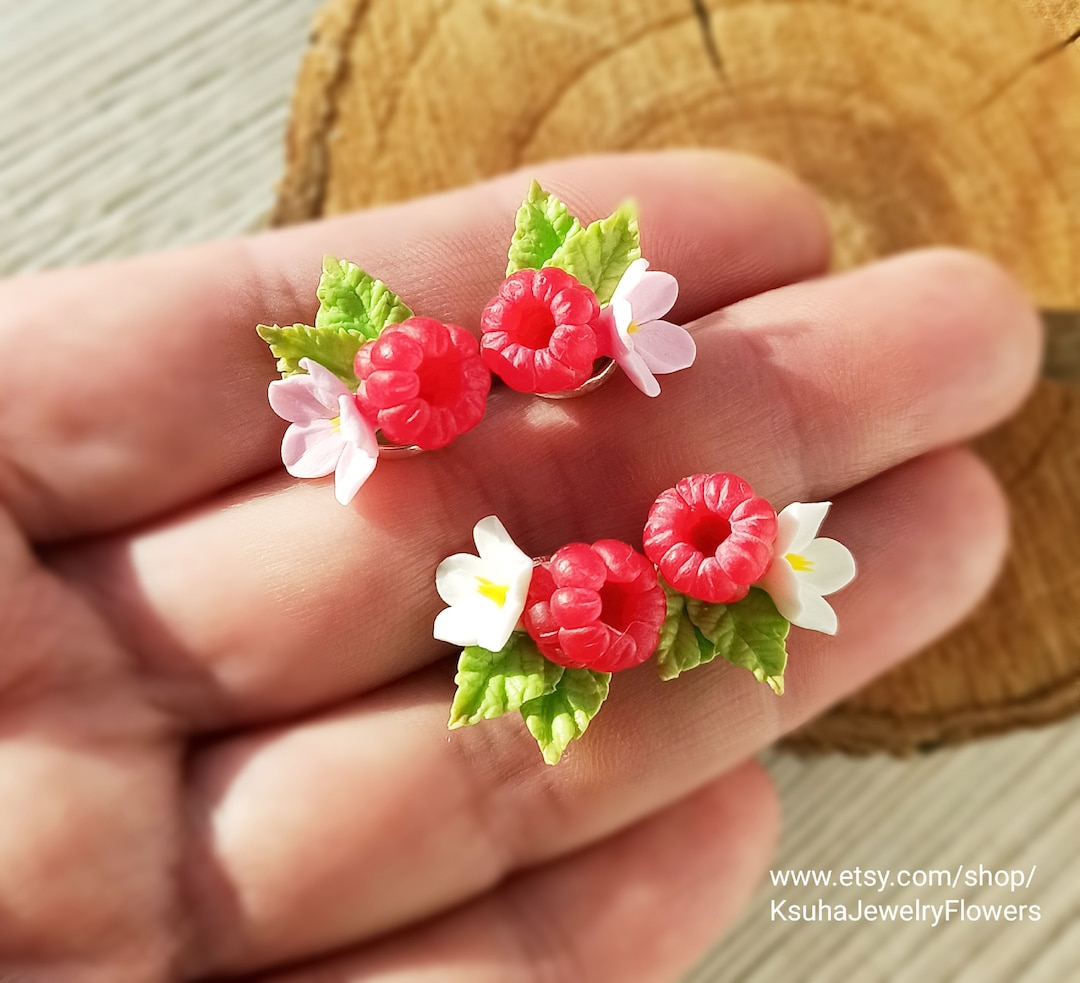 Cute Raspberry Stud Earrings Berries Studs Polymer Clay Red Berry ...
