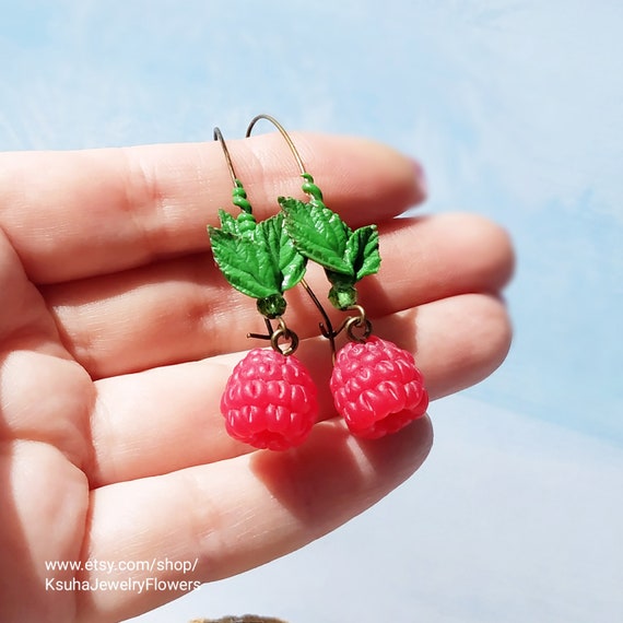 Cute raspberry earrings Long berry earrings Earrings red | Etsy