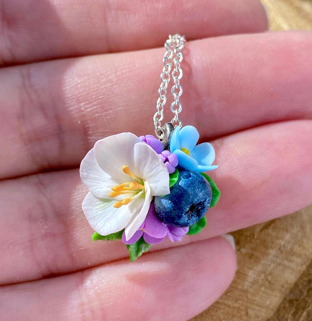 Sakura Blossom Blueberry Jewelry Set: Polymer Clay Pendant & Earrings ...
