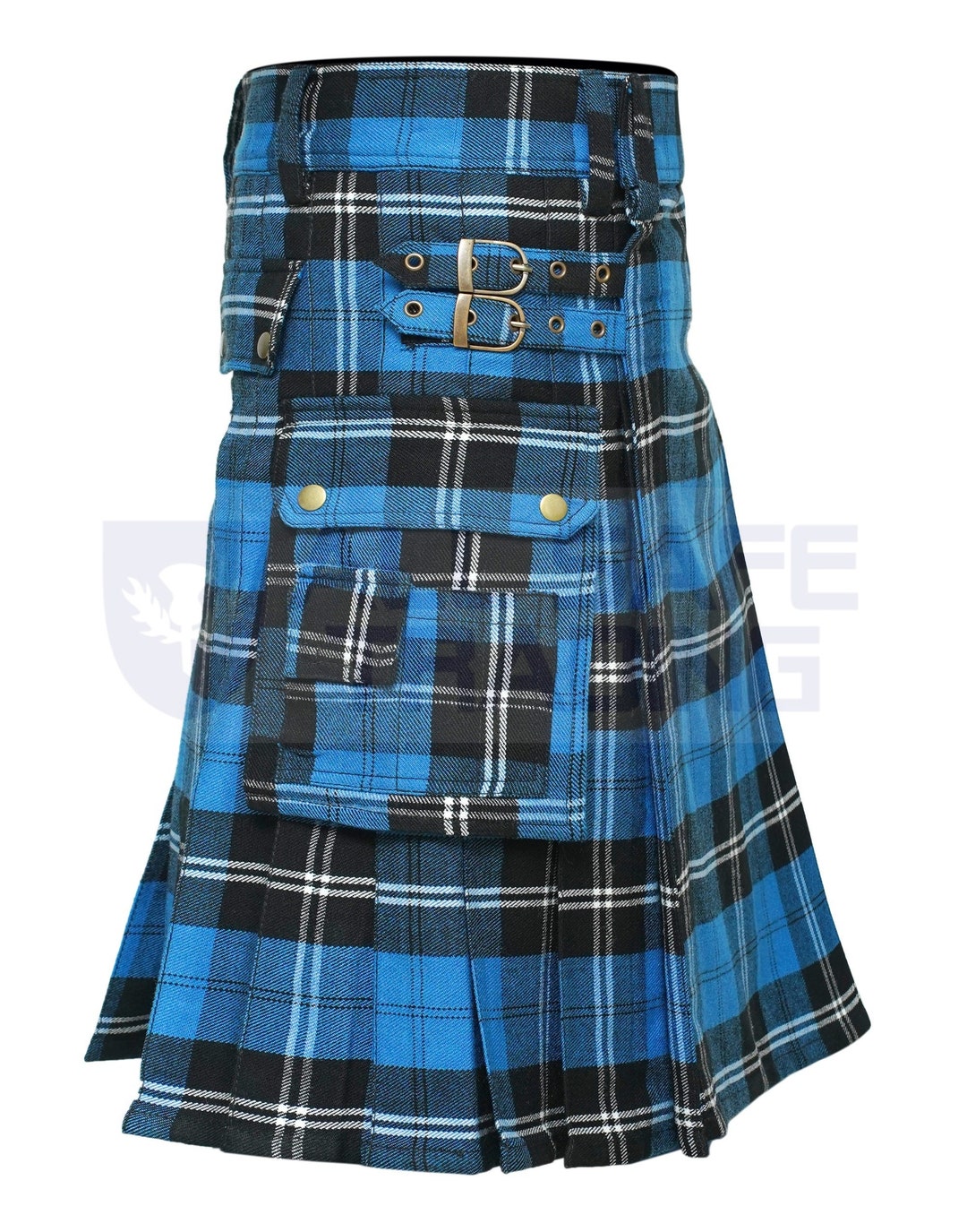Scottish Mens Utility Kilt Blue Ramsay, Highland Scottish Men's Handmade Tartan Utility Kilt ...