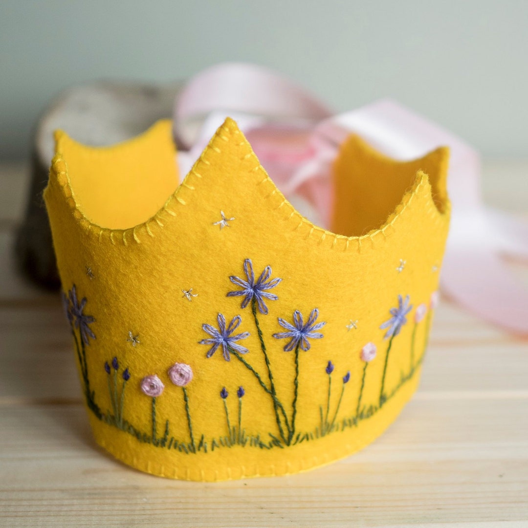 Yellow Hand Embroidered Wool Felt Crown, for Waldorf, First Birthday or ...