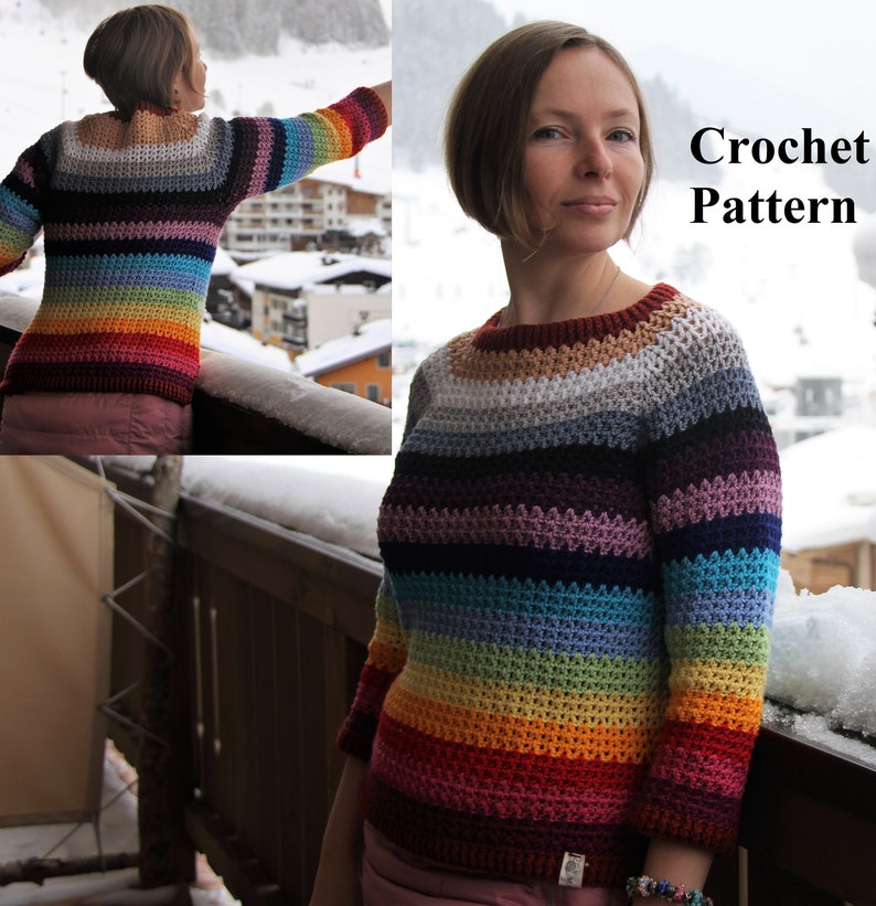 Crochet Striped Rainbow Sweater Pattern Happy Days Size M - Etsy