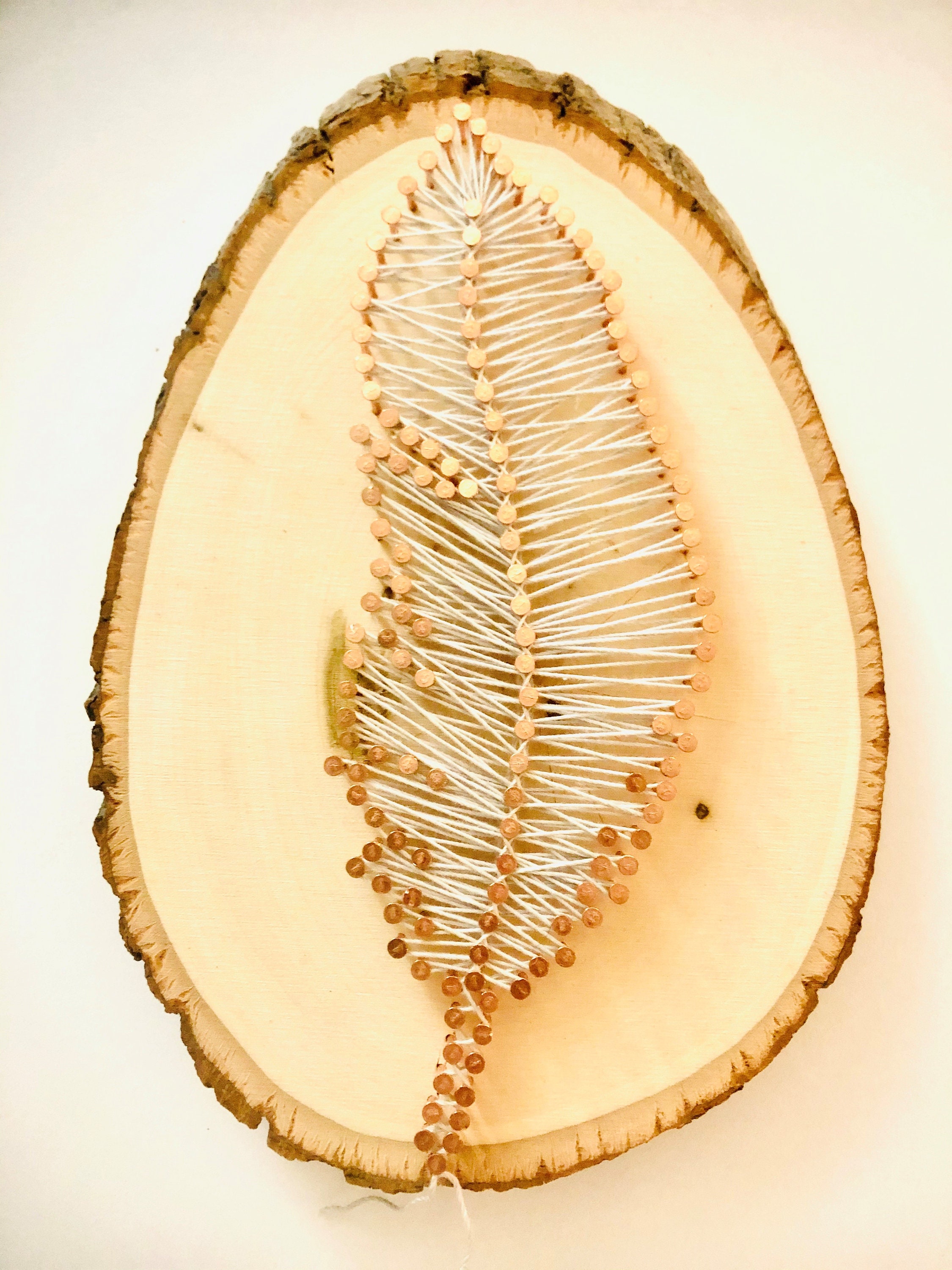 Feather String Art With Copper Nails on Natural Wood - Etsy