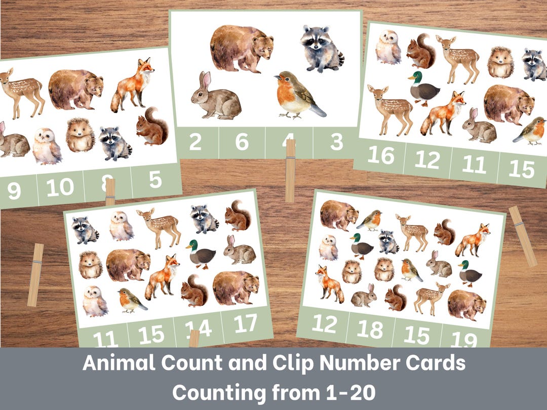 Count and Clip Cards, Numbers Printable, Watercolor Animals Counting ...