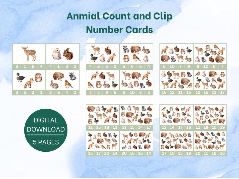 Count and Clip Cards, Numbers Printable, Watercolor Animals Counting ...