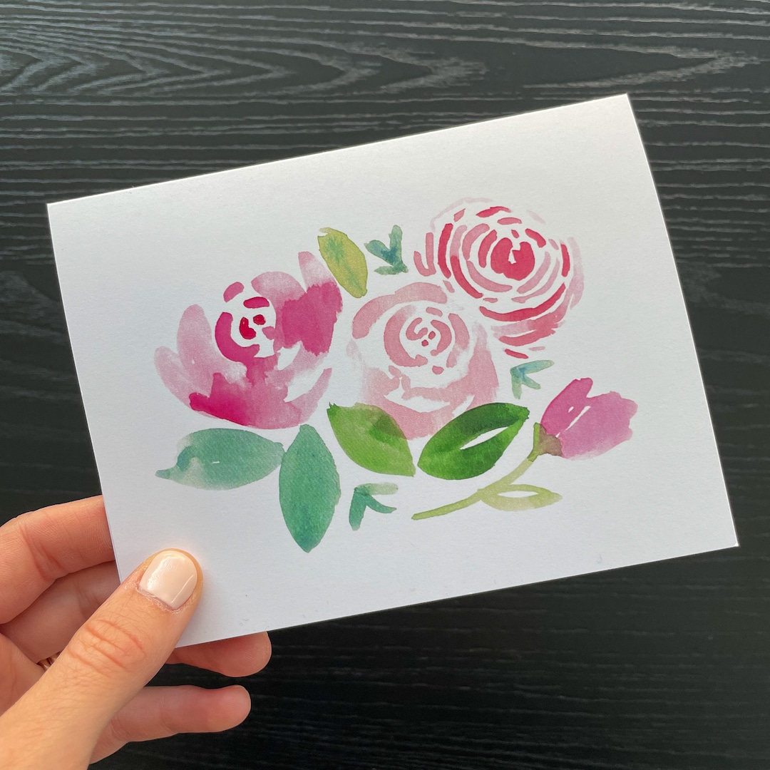 Painted Pink Flower Cards, Floral Note Card, Watercolor Notecard ...