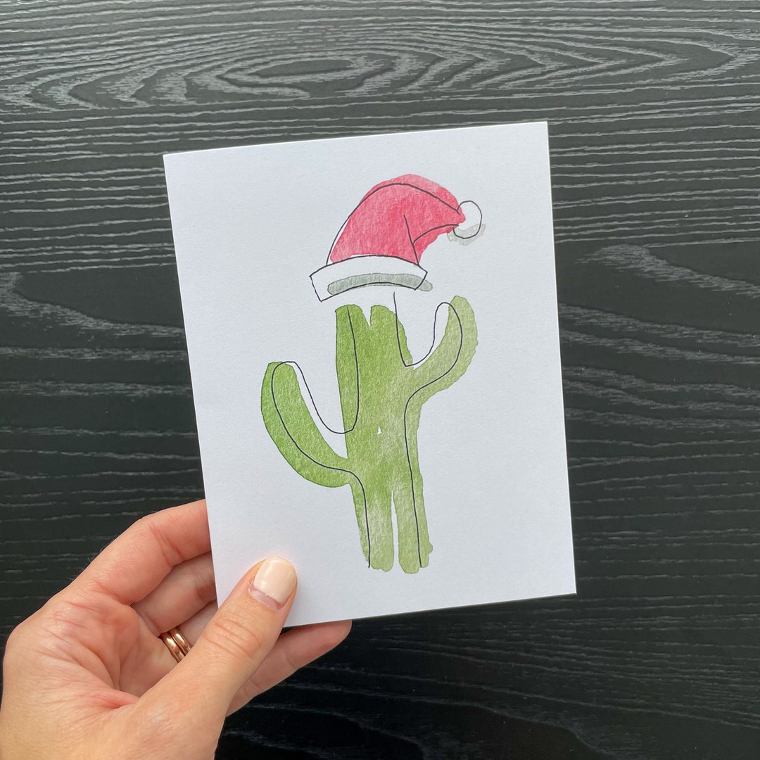 Watercolor Cactus Christmas Card: Santa Hat Holiday Card - Etsy