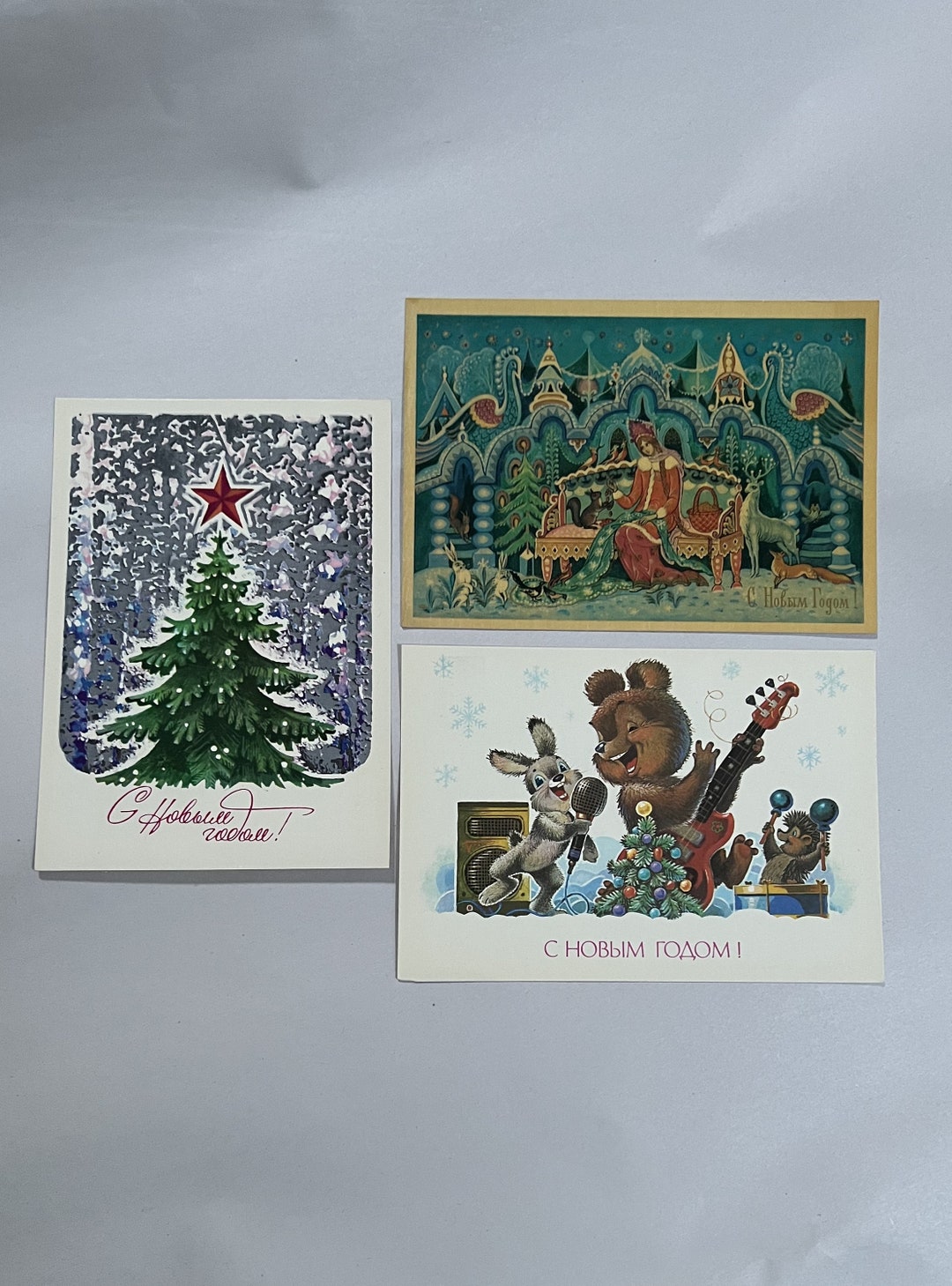 1980's Russian New Year's Christmas Cards Zarubin Bear on Guitar K ...