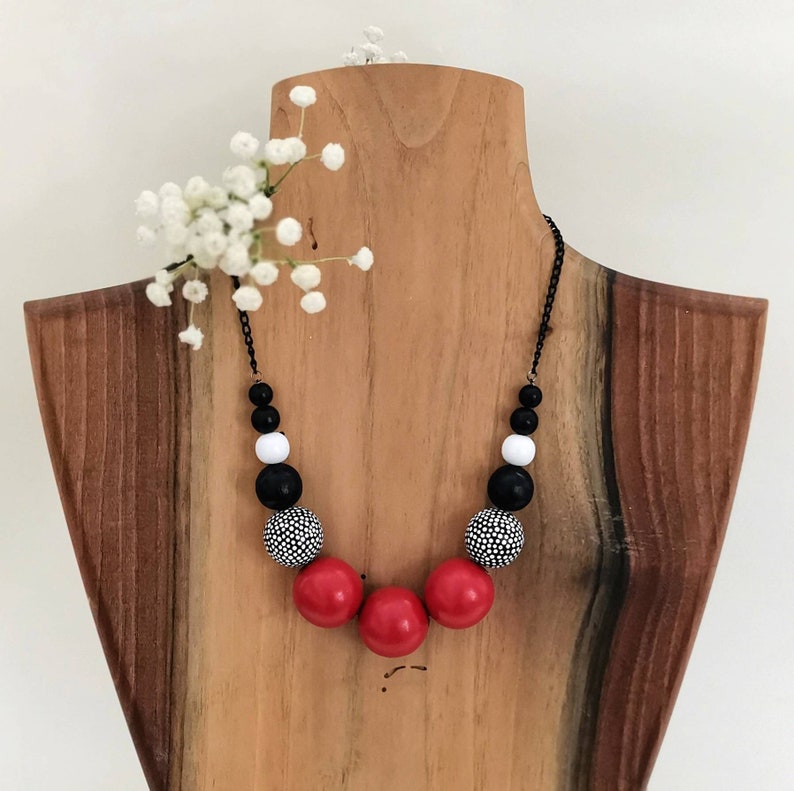 Red Bead Necklace, Red Chunky Necklace, Black White Polka Dots Necklace ...
