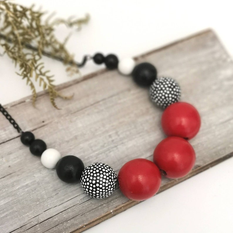 Red Bead Necklace, Red Chunky Necklace, Black White Polka Dots Necklace ...