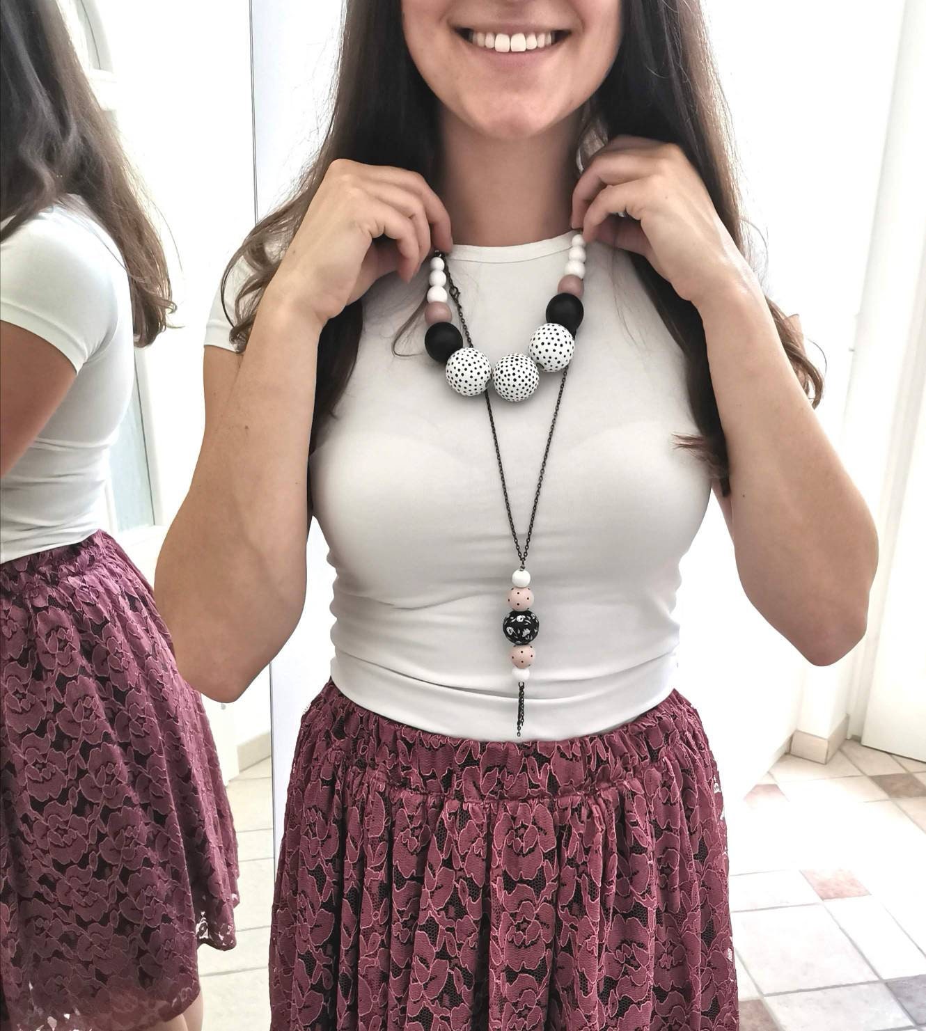 Red Bead Necklace, Red Chunky Necklace, Black White Polka Dots Necklace ...