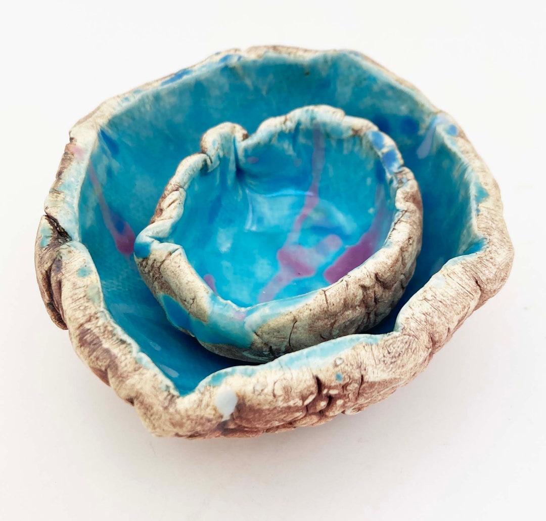 Set of 2 Rustic Bowls, Tiny Wrinkled Condiment Pot, Primitive Stoneware ...