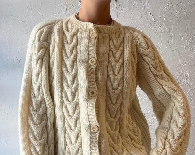 Vintage Hand Knit Cream Cable Knit Cardigan Sweater / Medium - Etsy
