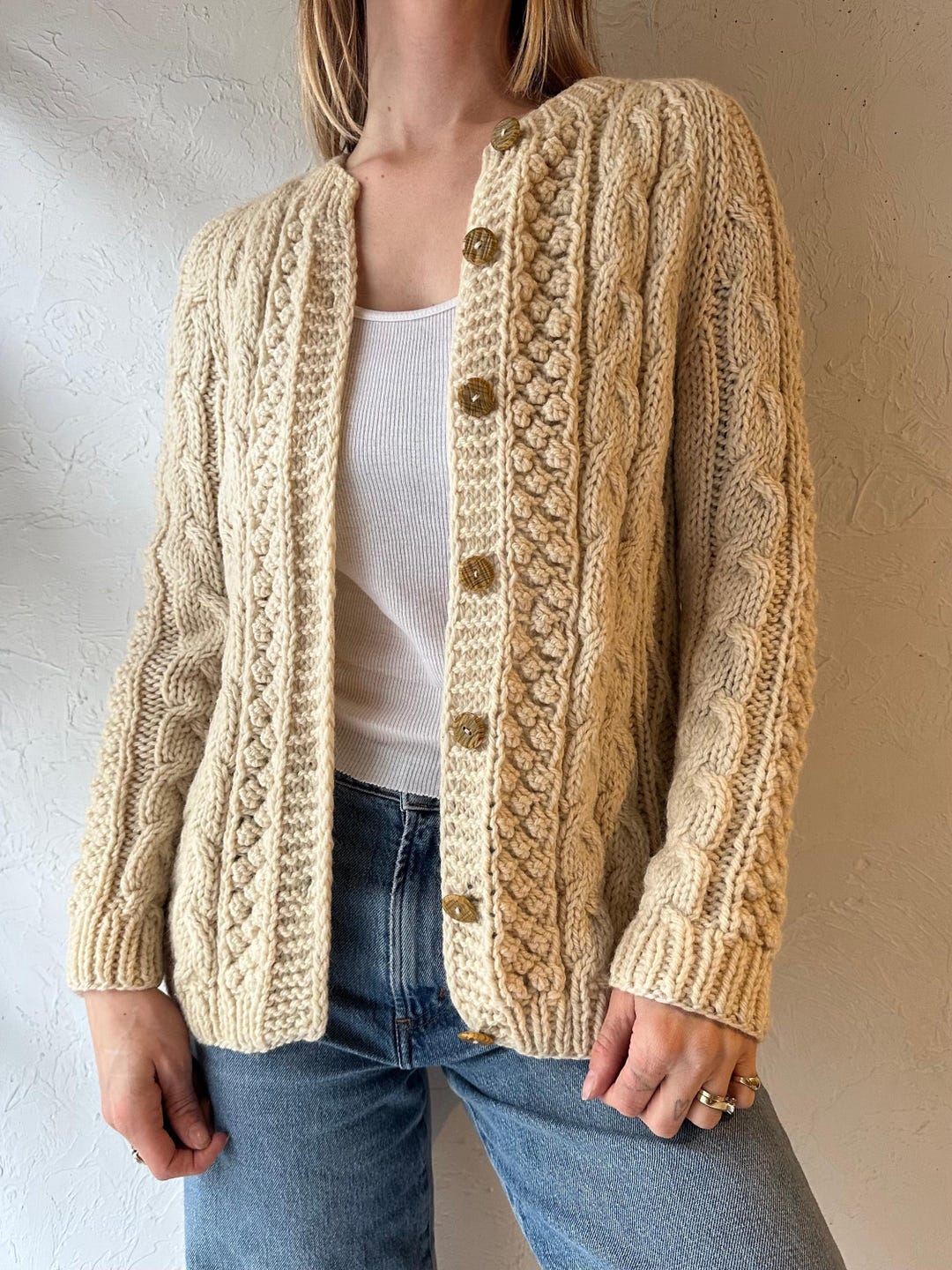 Vintage 'simpsons' Cream Cable Knit Wool Cardigan Sweater / Small - Etsy