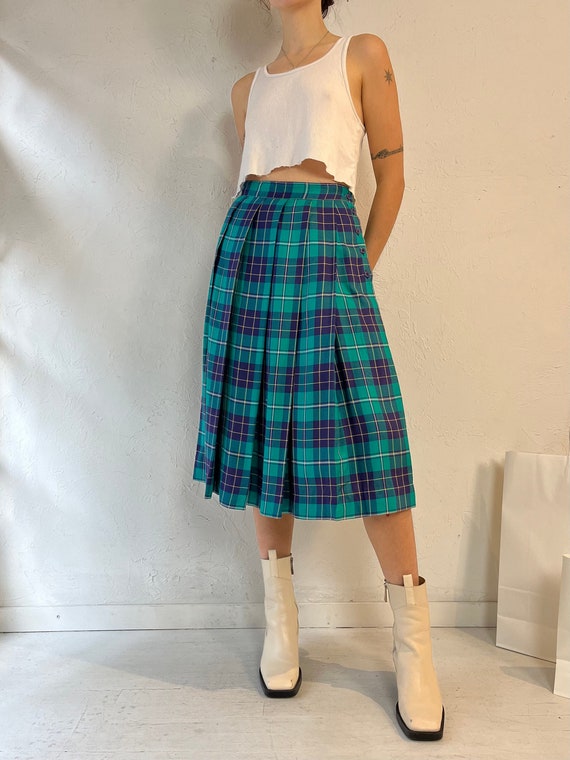 80s 'The Villagers' Teal Plaid Pleated Skirt / Small - Gem