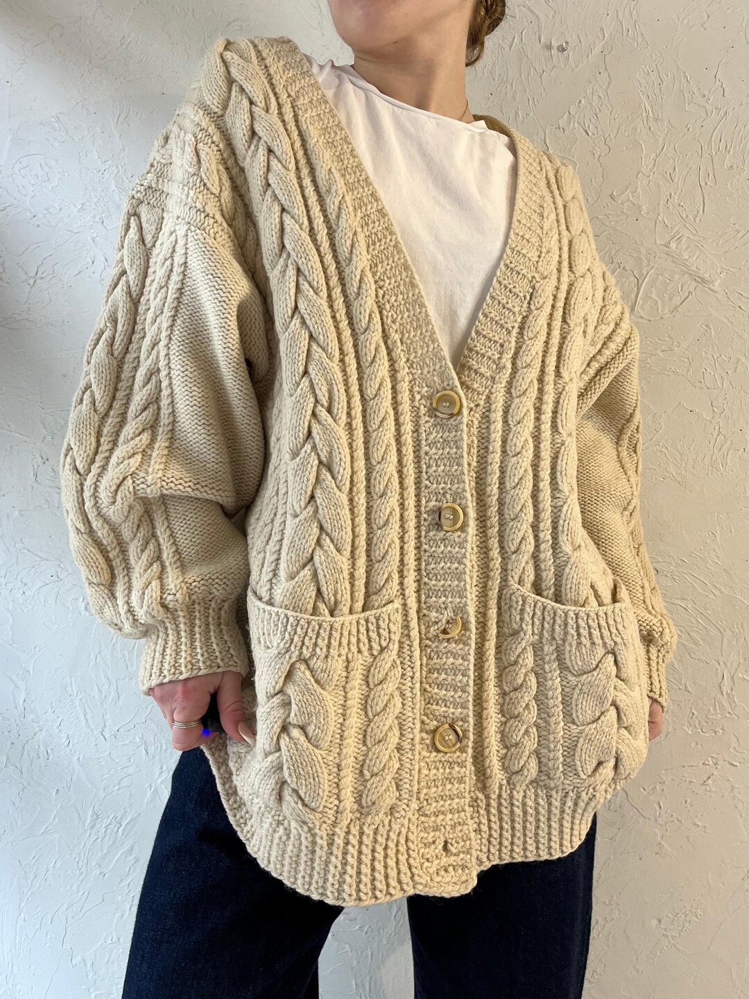 Vintage Cream Cable Knit Cardigan Sweater / Large - Etsy