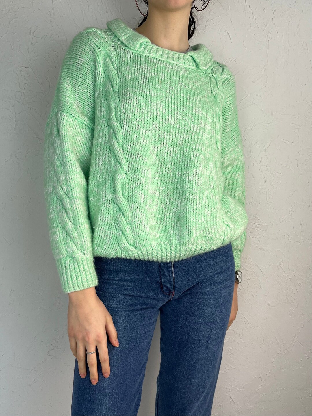 80s Handmade Mint Green Cable Knit Crew Neck Sweater / Medium - Etsy