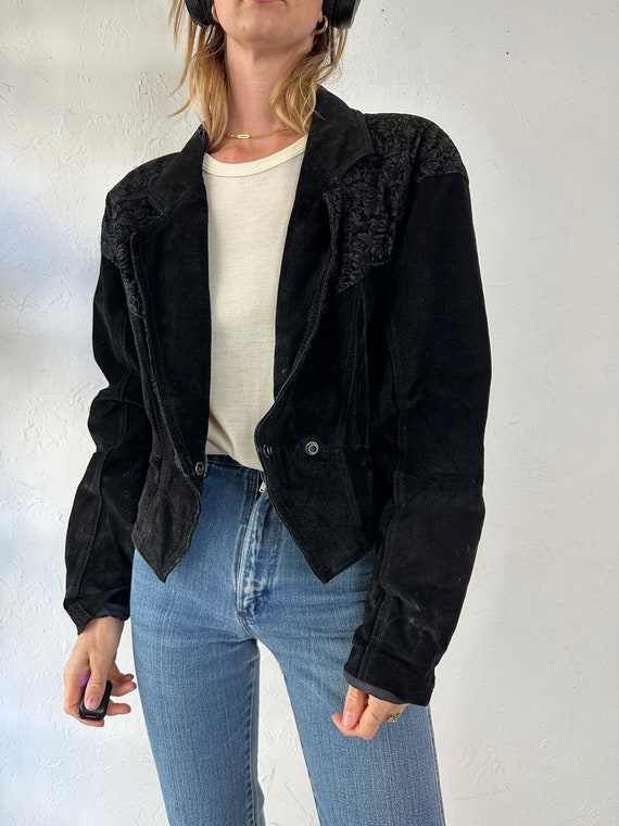 80s 'Chia' Black Embossed Suede Leather Jacket / Smal… - Gem