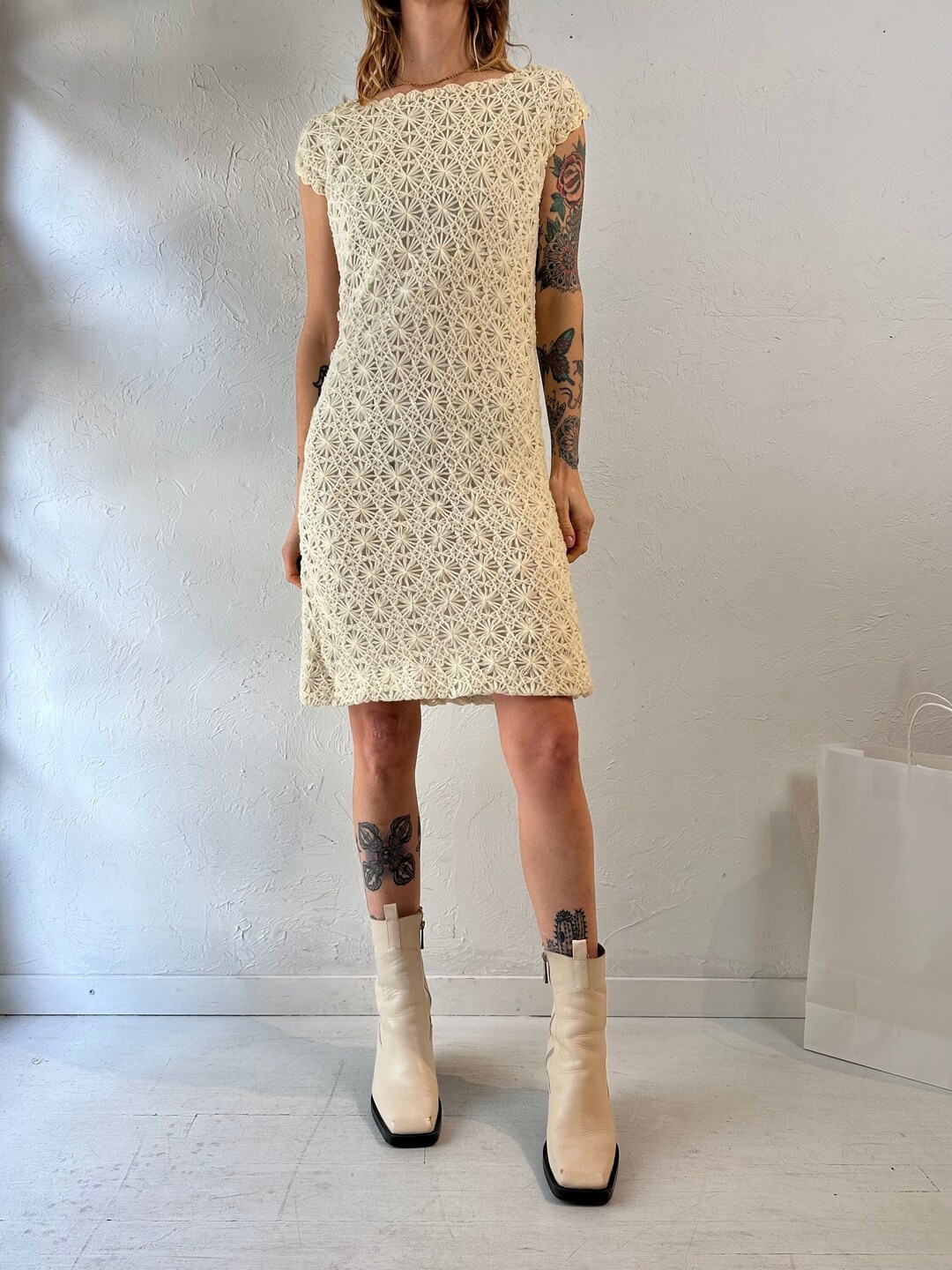 70s 'heftco' Cream Crochet Midi Dress / Medium - Etsy