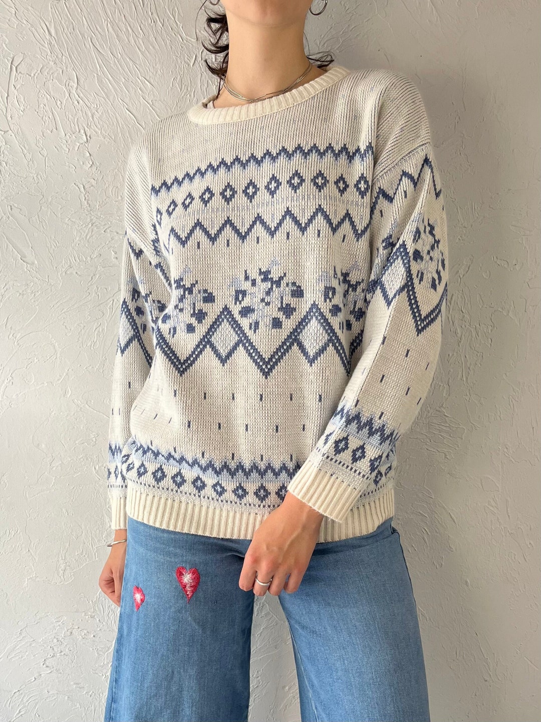 90s Blue and White Knit Ski Sweater / Medium - Etsy