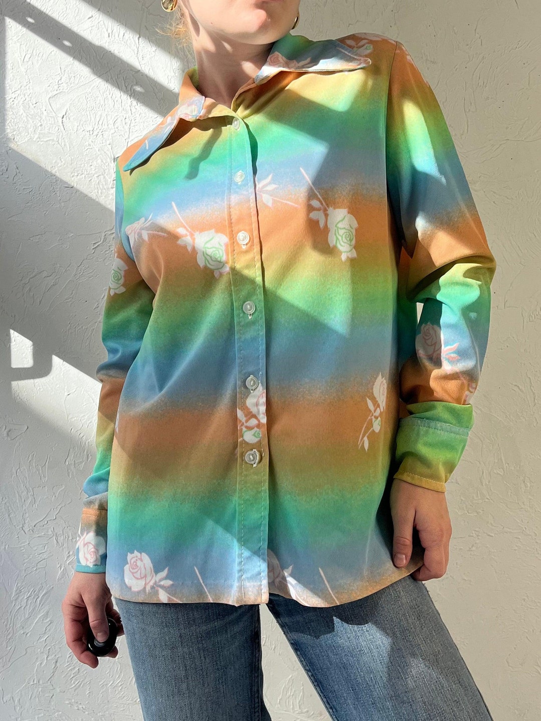 70s ‘fashion Fads’ Pastel Rose Print Blouse | Vintage 1970s Western ...